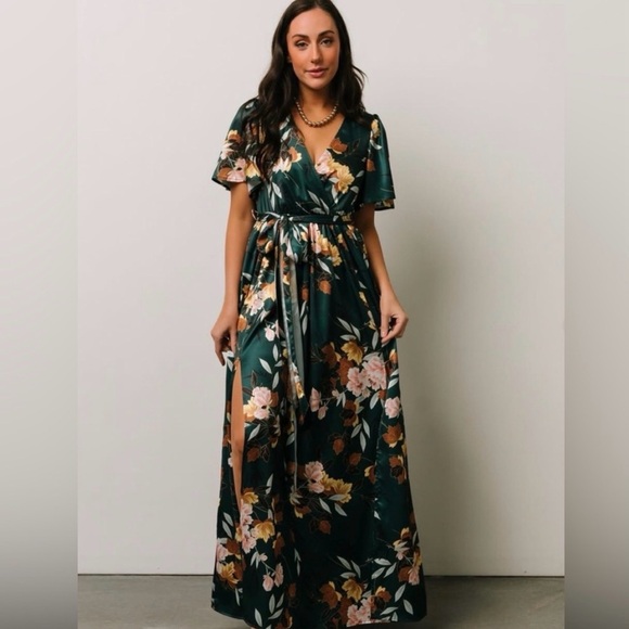 Baltic Born | Dresses | Baltic Born Satin Green Floral Maxi Dress ...